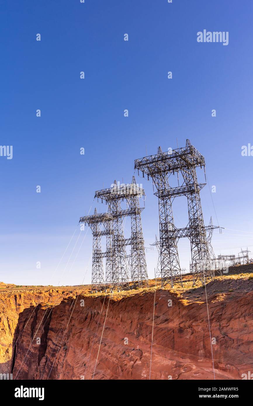 Power plant house and power line over Electricity generating dam in ...