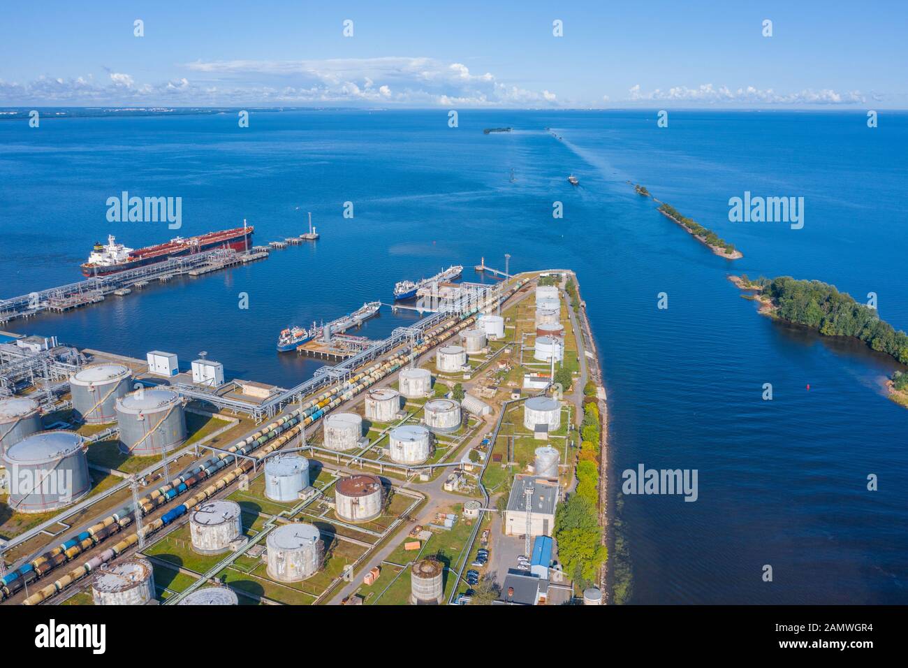 Aerial view large port oil loading terminal with large storage tanks ...