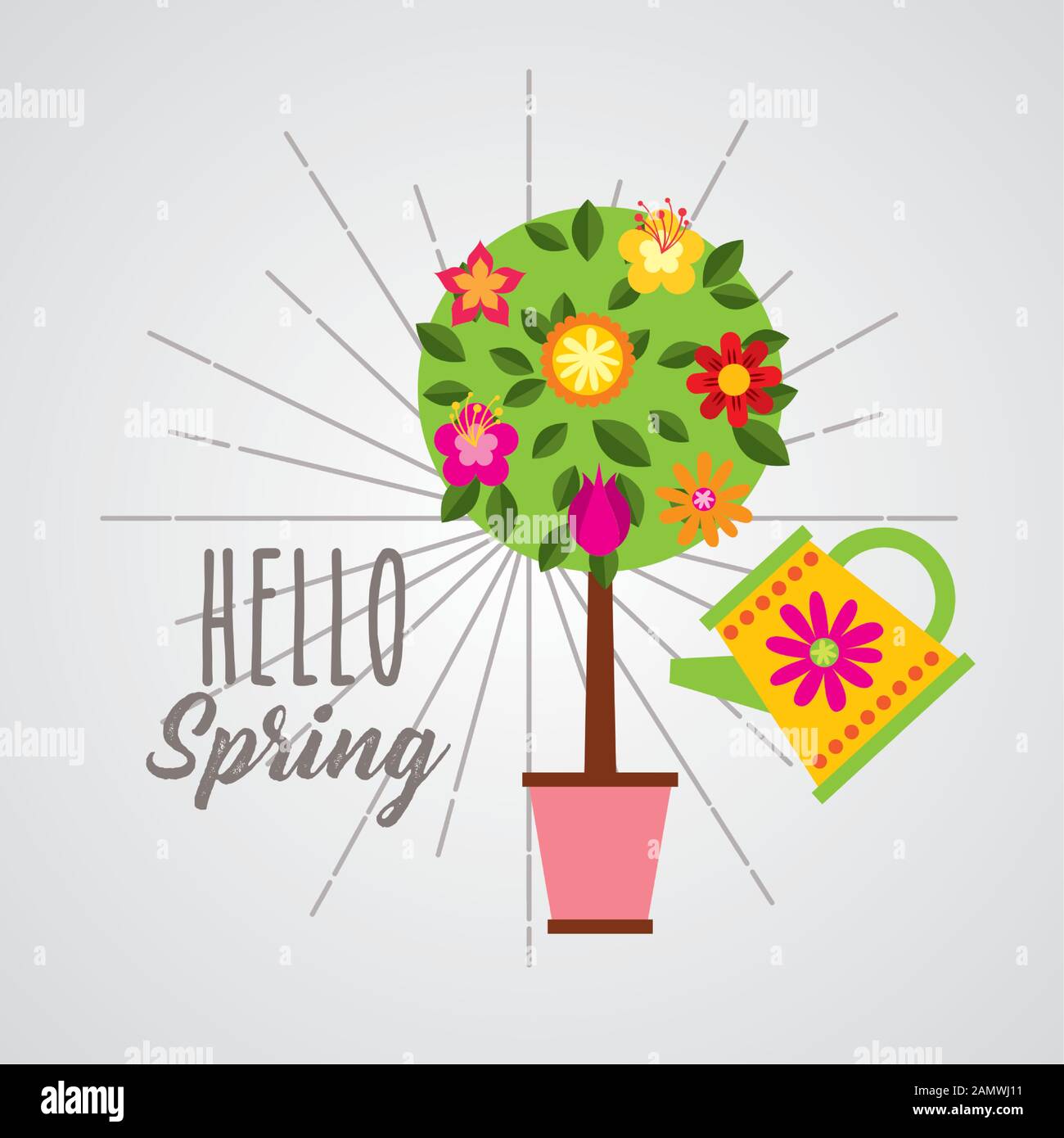 hello spring poster with floral tree and sprinkler Stock Vector Image ...