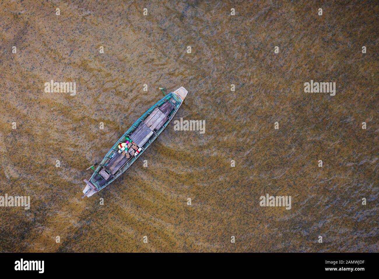 Aerial top view fishing boat traditional at Freshwater lake day time ...