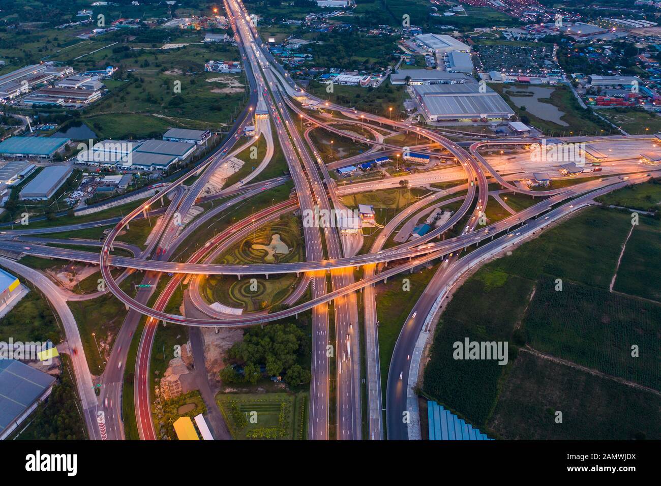 Aerial view Night Expressway, toll way, highway, roads in the city ...