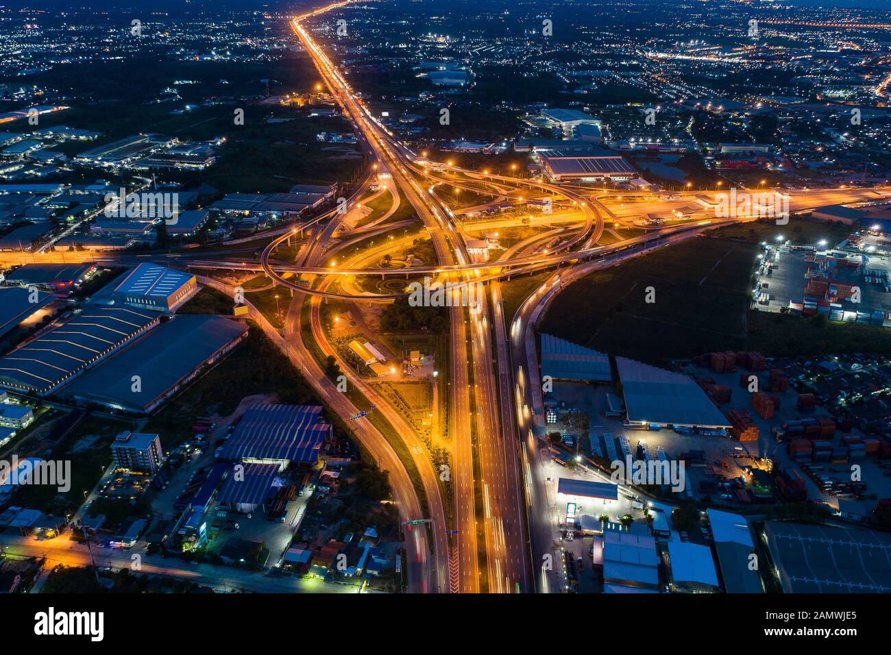 Aerial view Night Expressway, toll way, highway, roads in the city ...