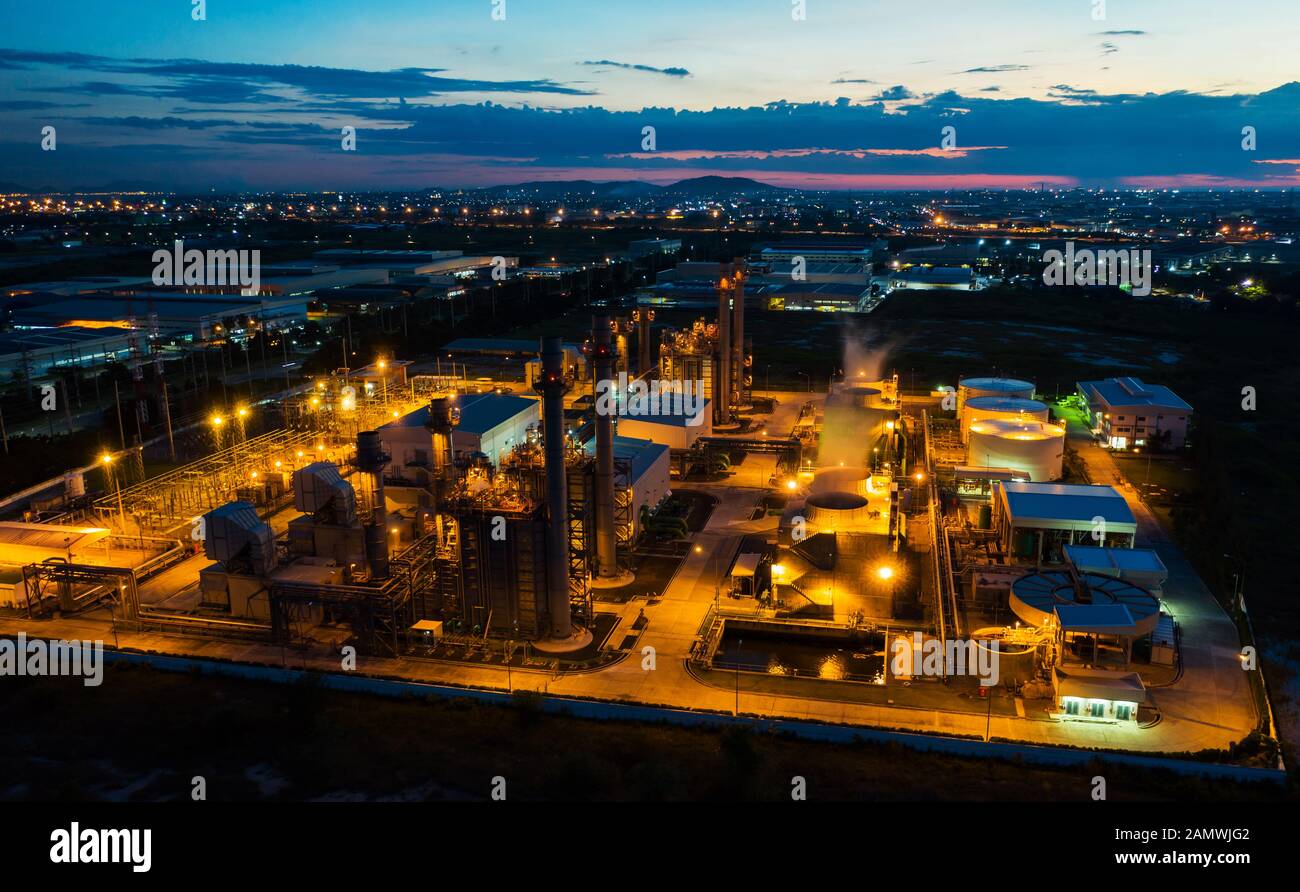 Aerial view night light oil terminal is industrial facility for storage ...