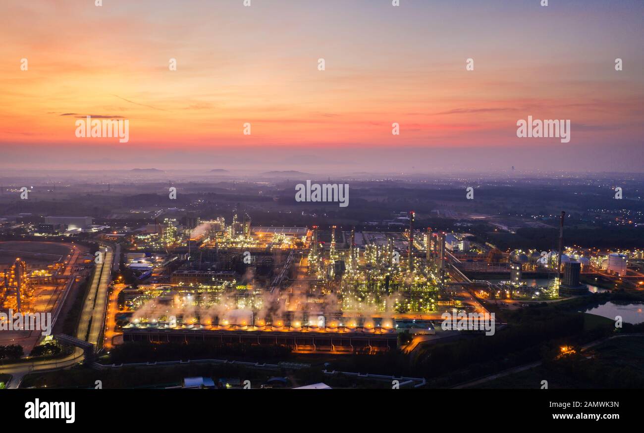 Aerial view night light oil terminal is industrial facility for storage ...