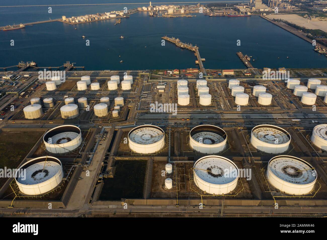 Aerial view or top view oil terminal is industrial facility for storage ...