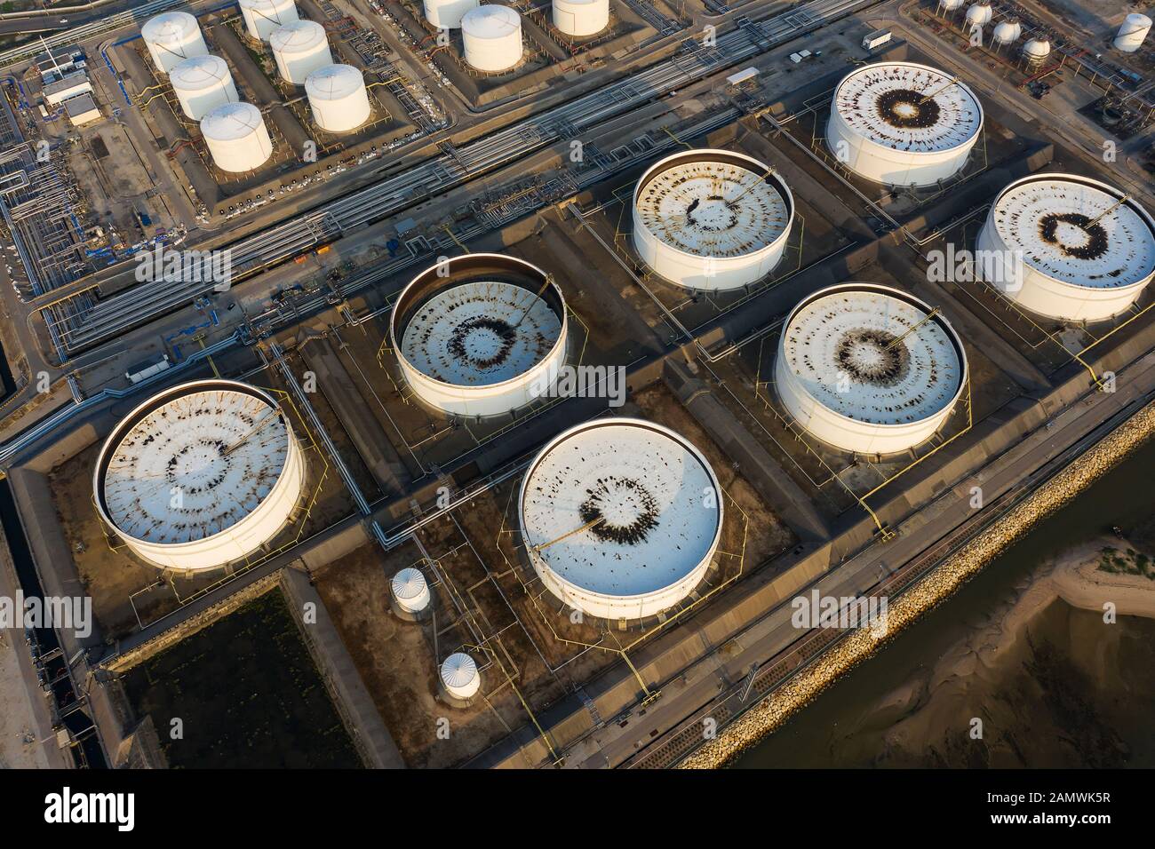 Aerial view or top view oil terminal is industrial facility for storage ...