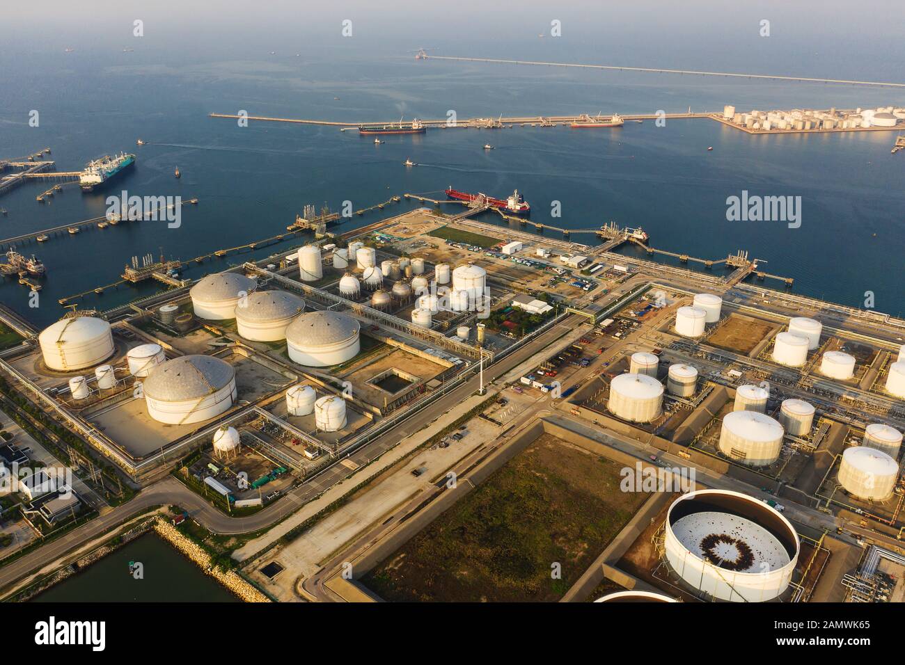 Aerial view or top view oil terminal is industrial facility for storage ...