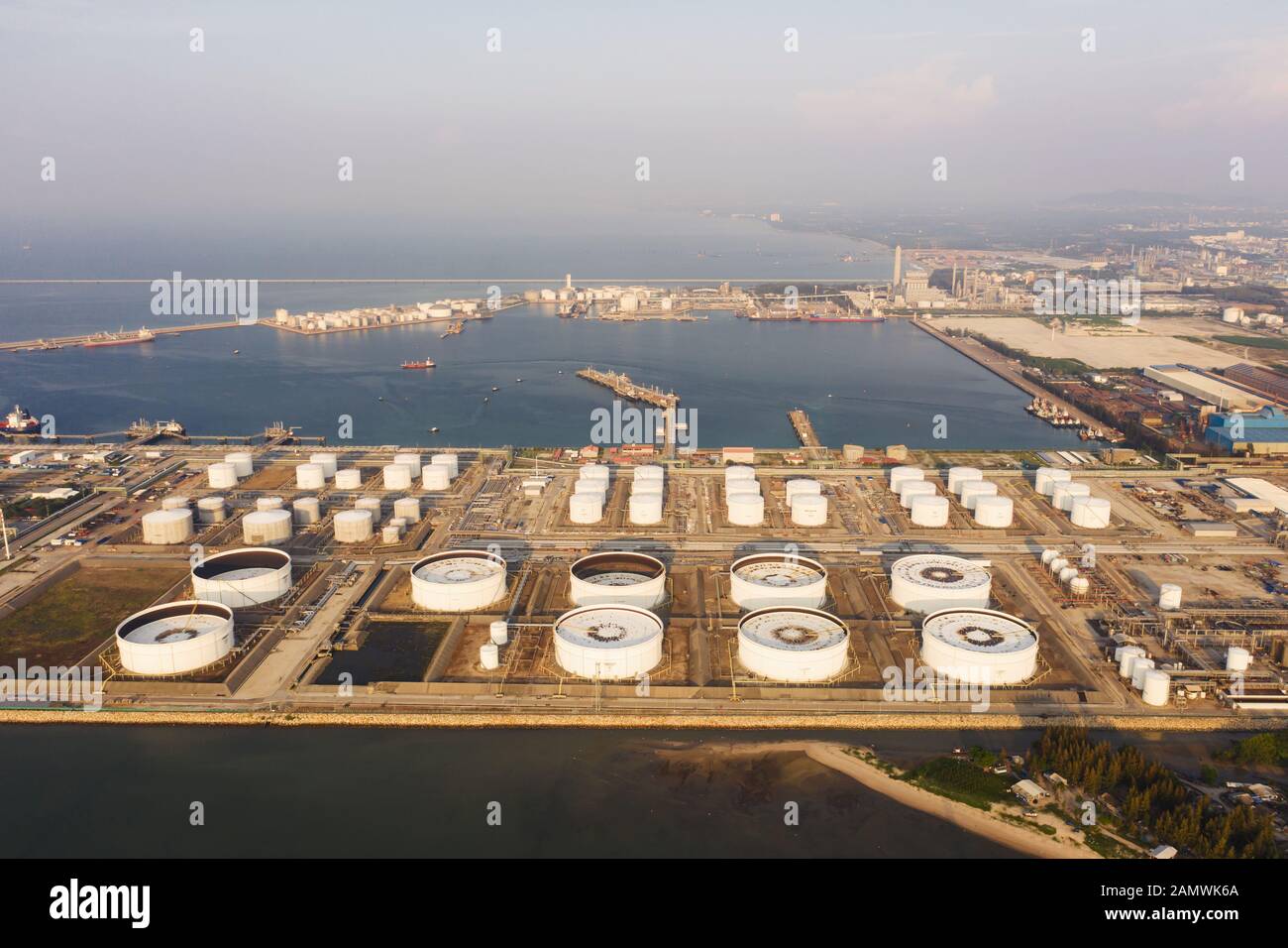 Aerial view or top view oil terminal is industrial facility for storage ...