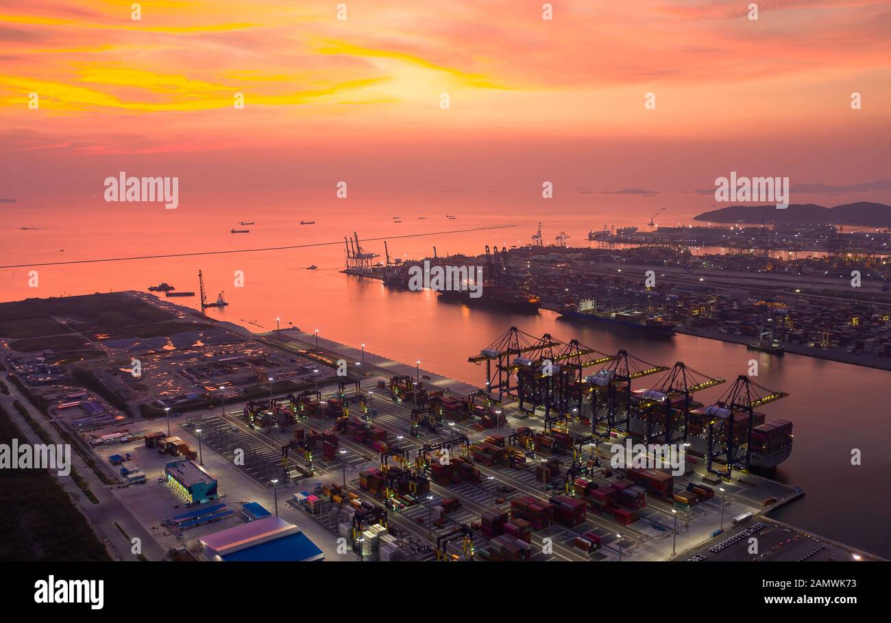 Aerial view container ship to sea port loading container for import ...