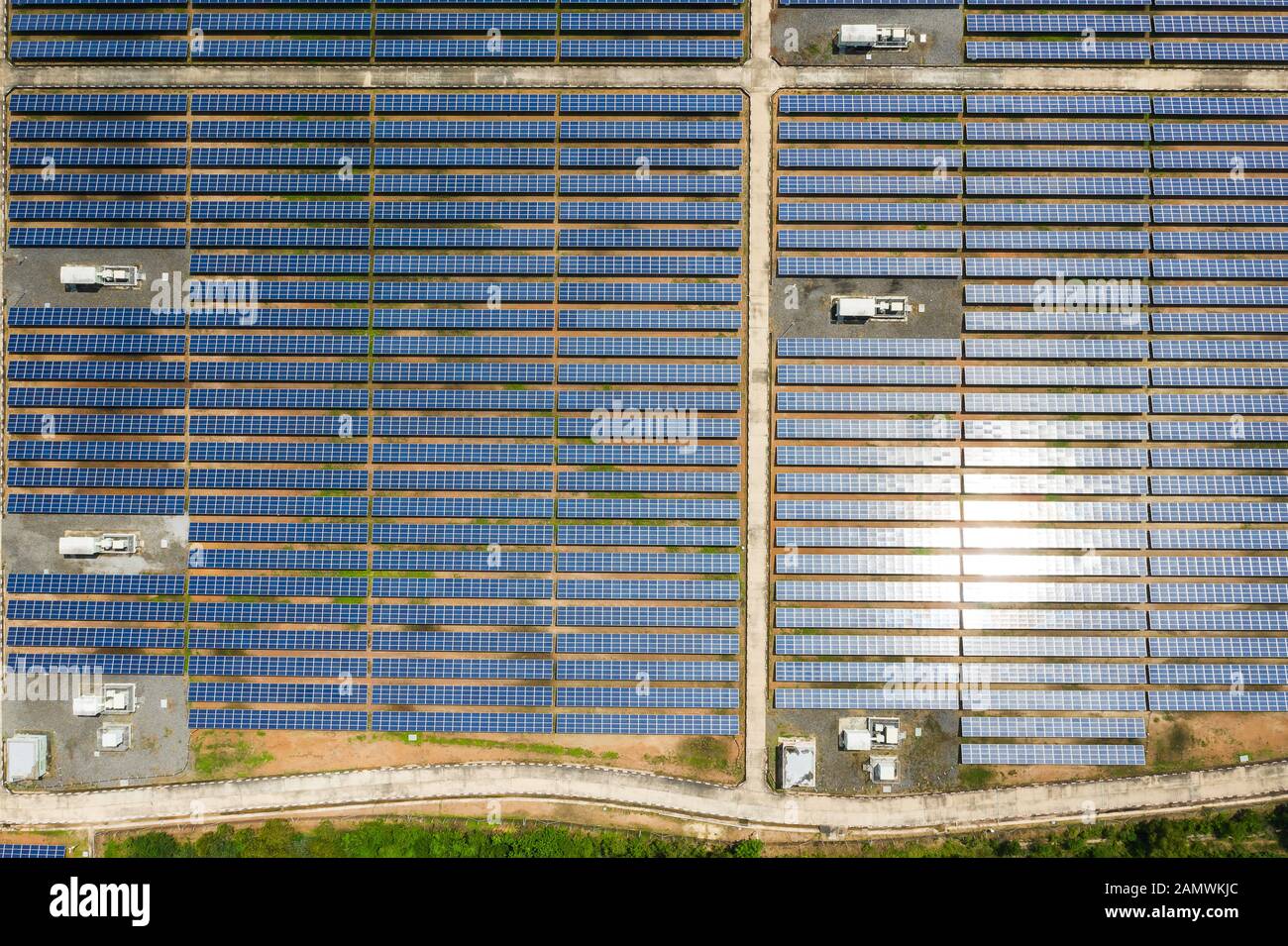 Solar cell energy farm. High angle view of solar panels on an energy ...