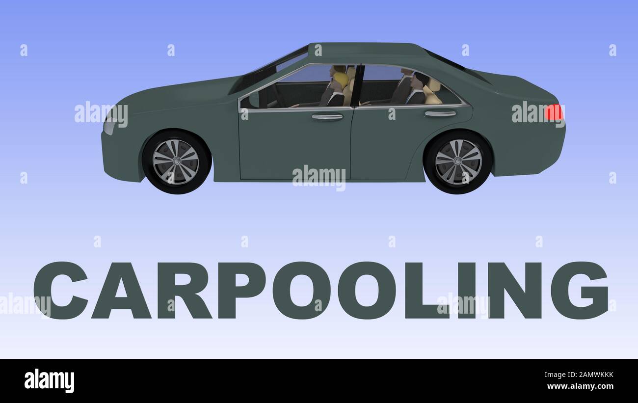 3D illustration of CARPOOLING title under an autonomous car with four ...