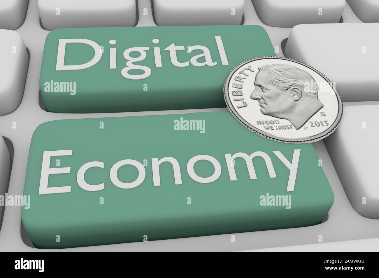 3D illustration of computer keyboard with the script Digital Economy ...