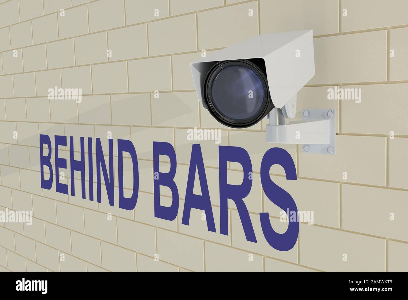 3D illustration of BEHIND BARS title under security camera which is ...