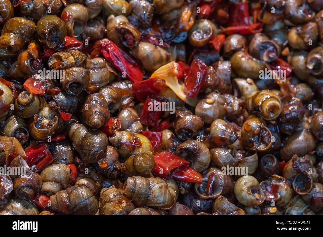 field snail stir fried with chili sauce on a market in Chengdu, Sichuan ...
