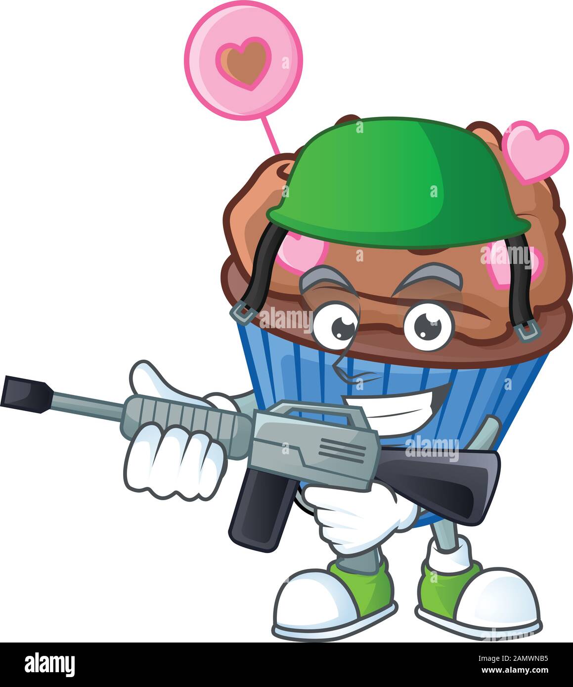 Chocolate love cupcake carton character in an Army uniform with machine ...