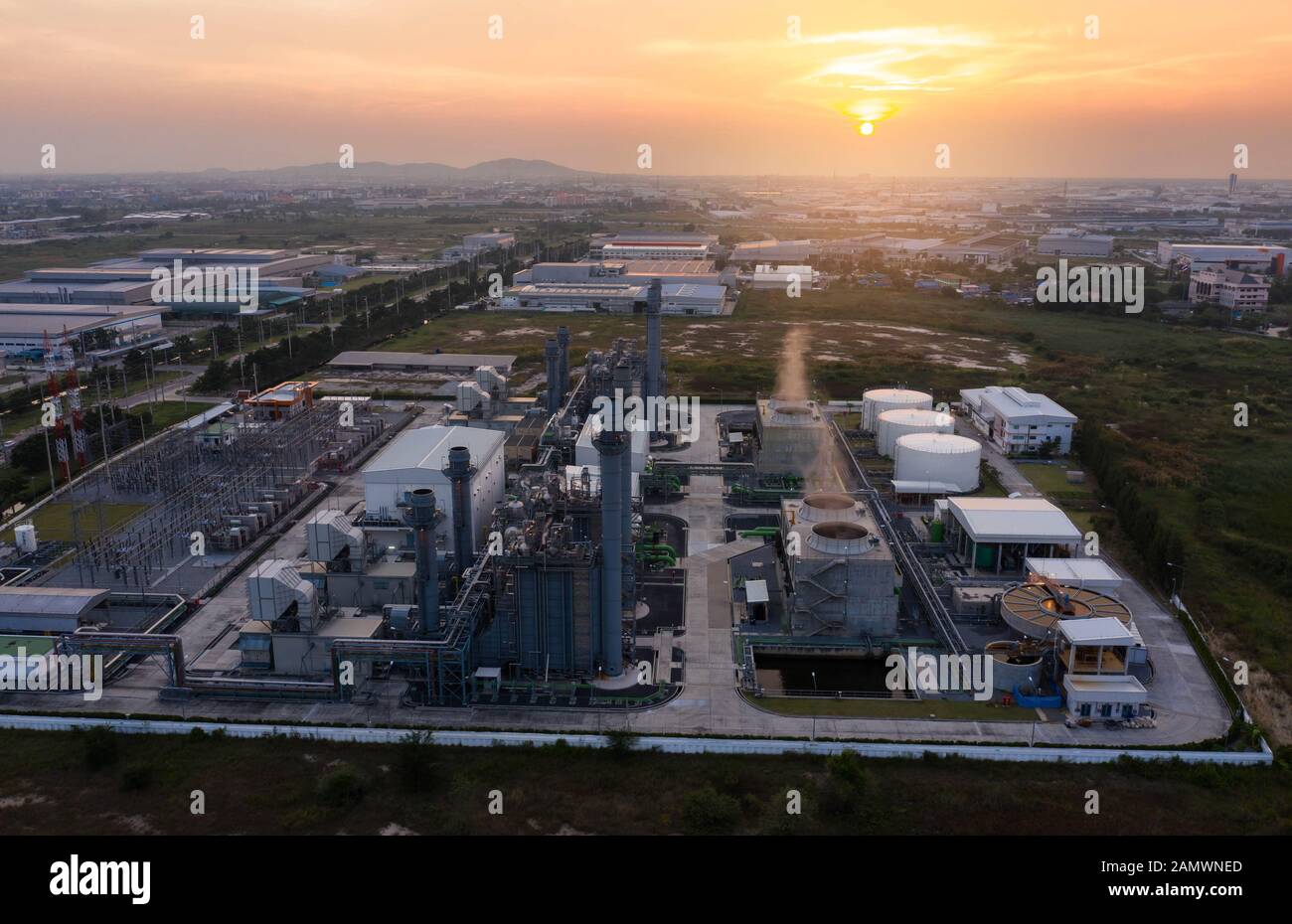 Aerial view oil terminal is industrial facility for storage of oil and ...