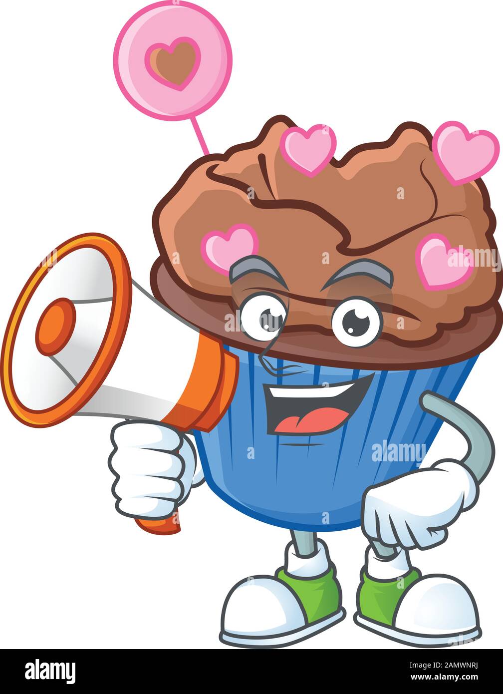 Cool cartoon character of chocolate love cupcake holding a megaphone ...