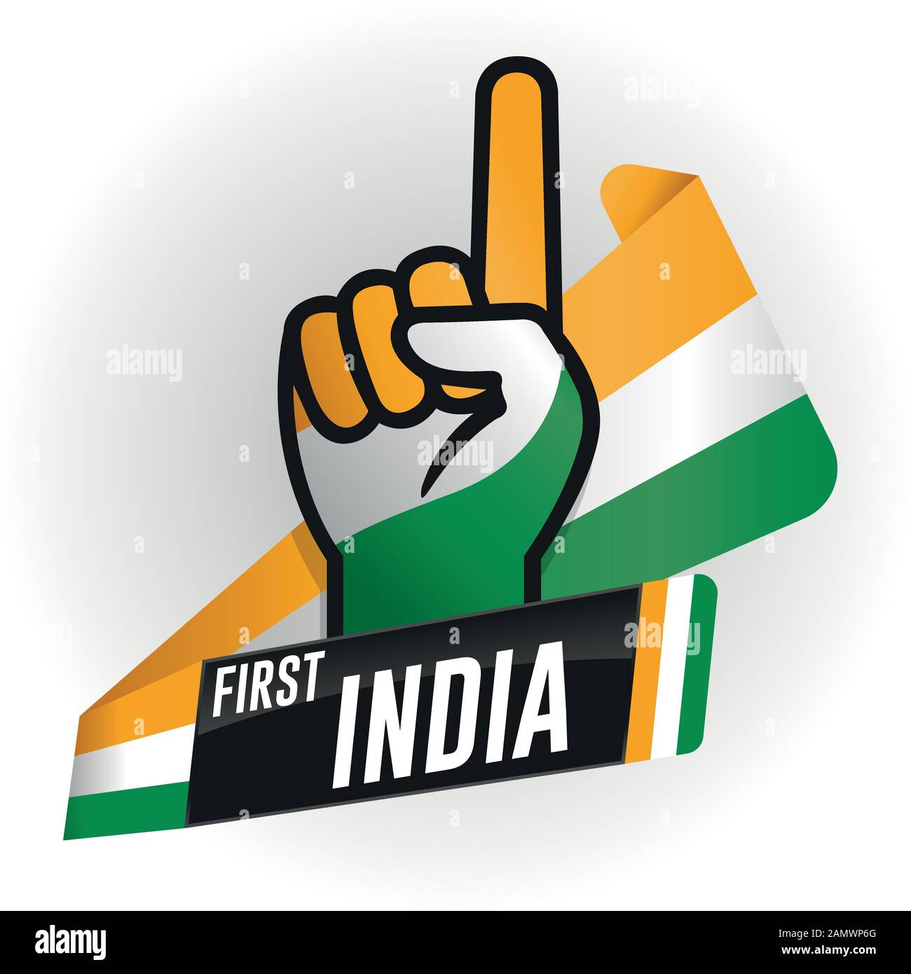 FIRST INDIA on black background and hand with raised index finger, with ...