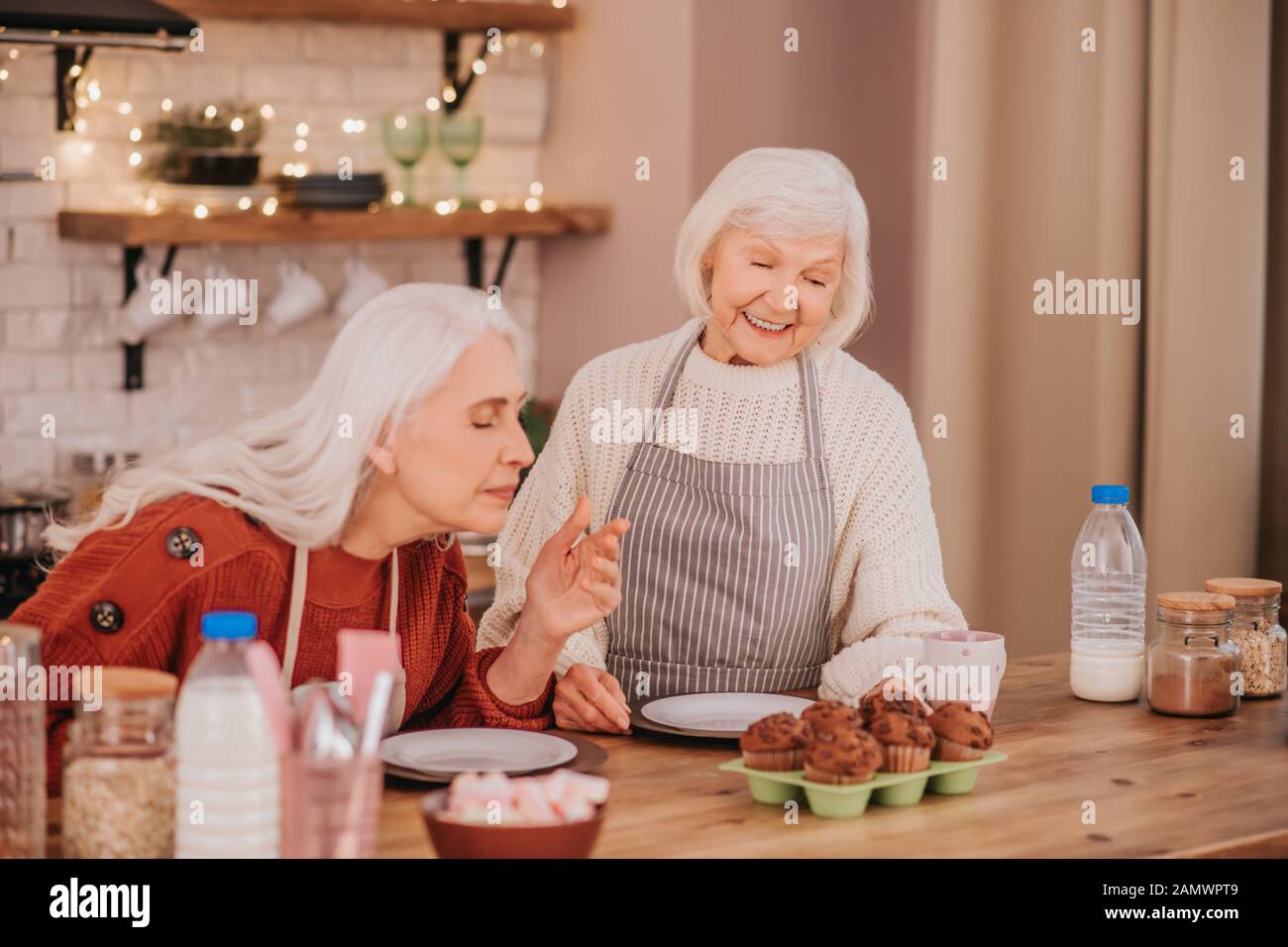 Two grey-haired ladies enjoying cooking in the modern kitchen Stock ...