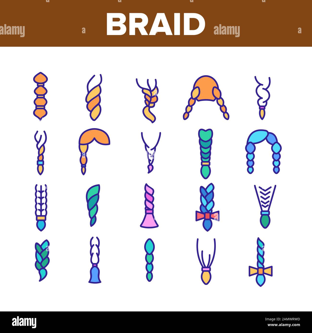 Braid Bread Hairstyles Collection Icons Set Vector Stock Vector Image ...