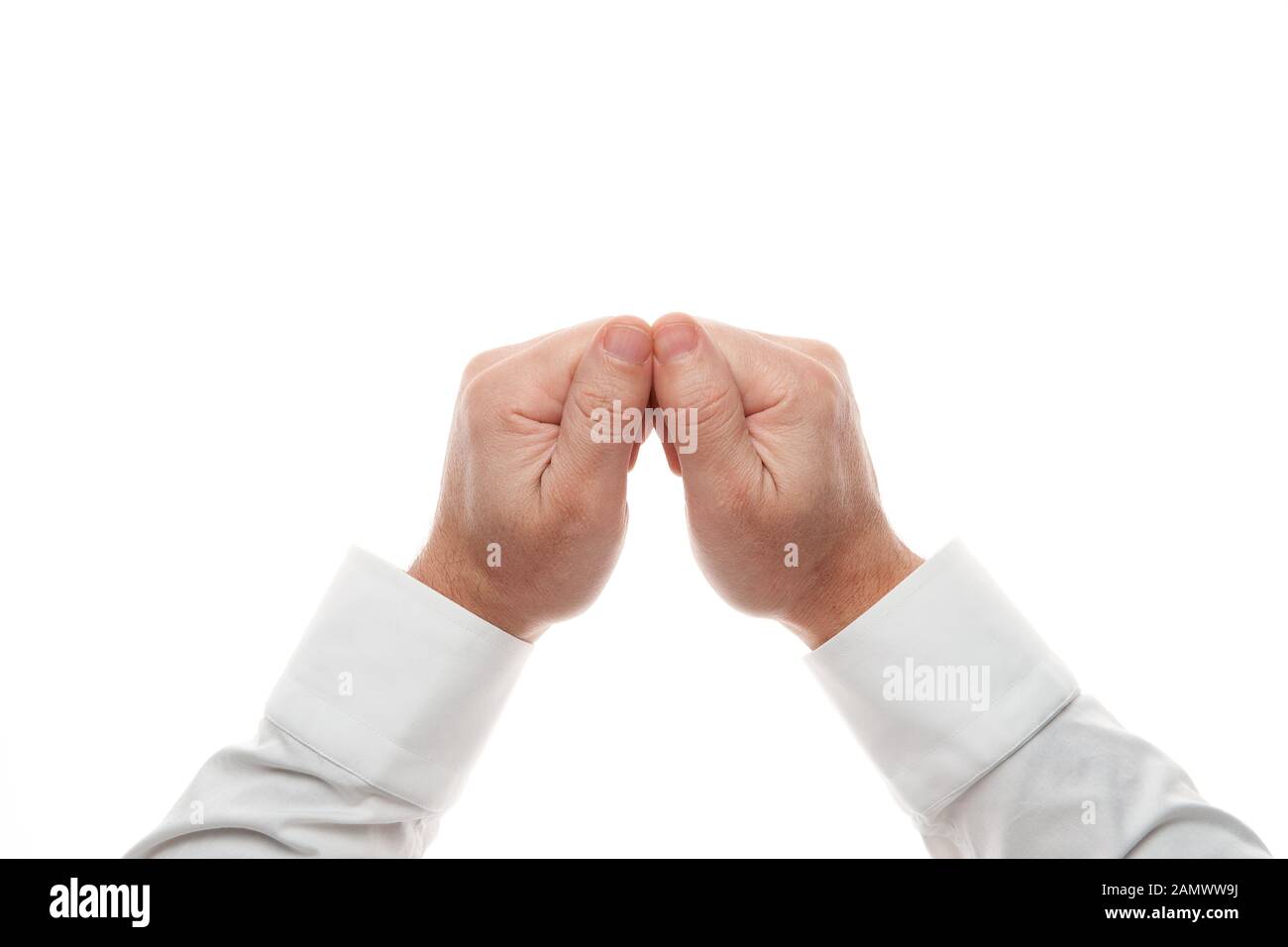 Man hands, thinking gesture, isolated on white background. White shirt ...