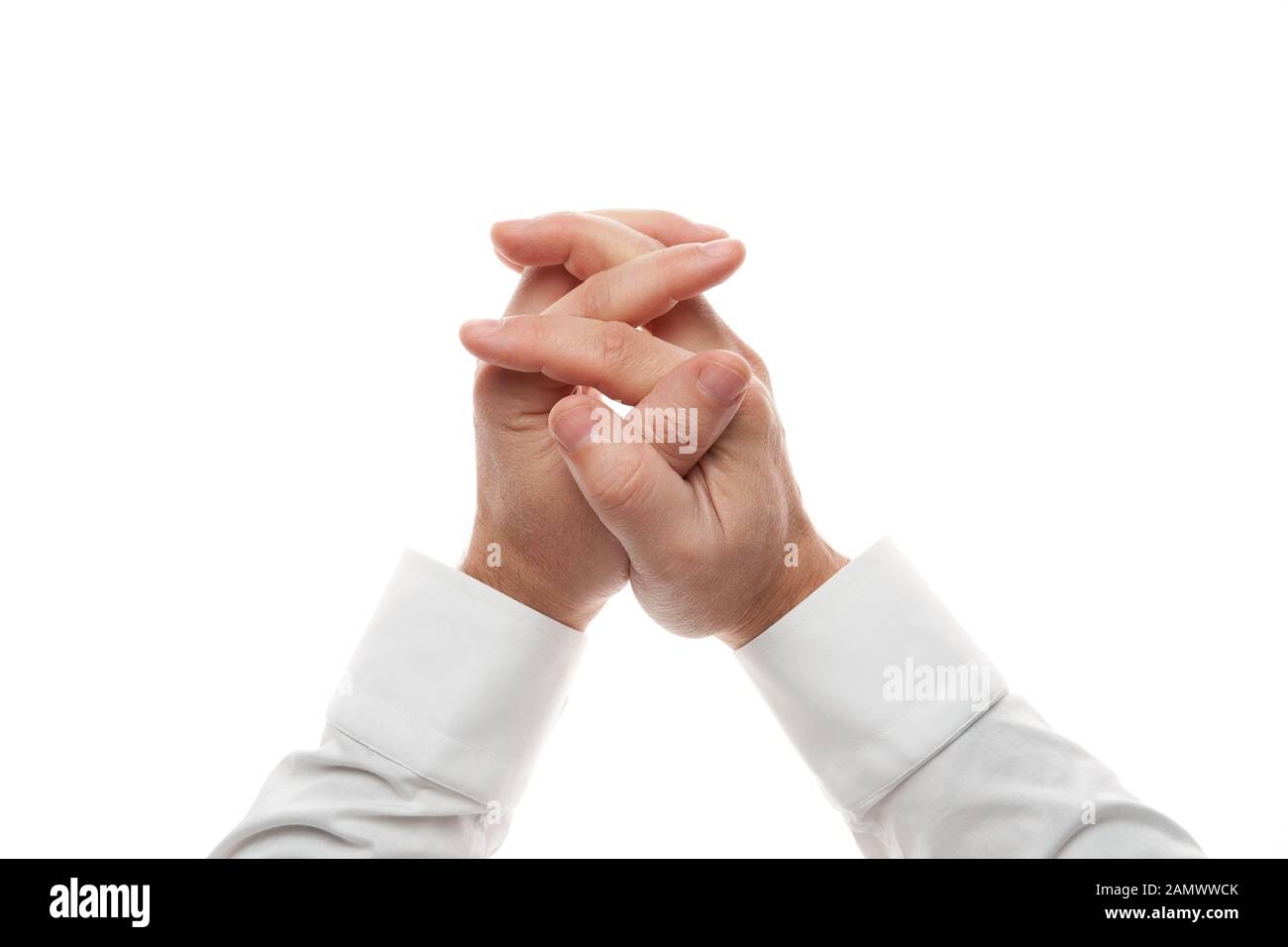 Man hands, thinking gesture, isolated on white background. White shirt ...
