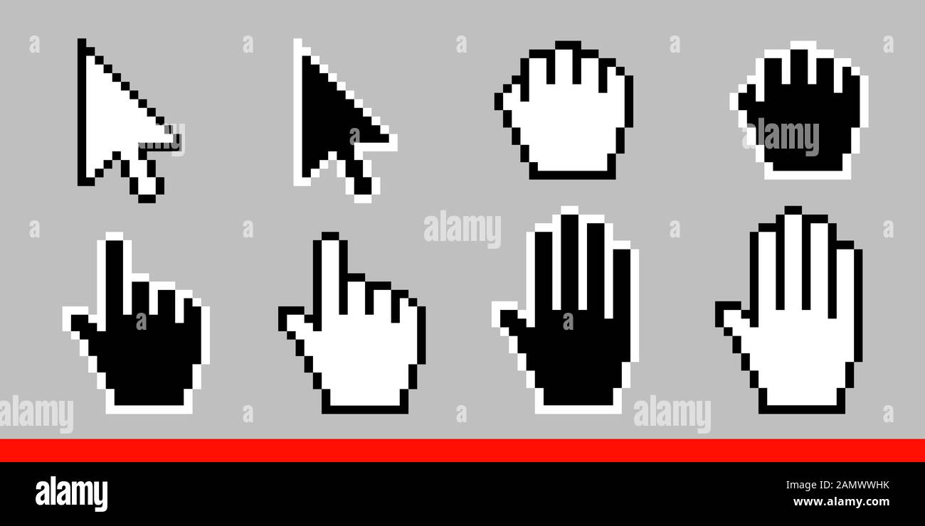 Black and white arrow pixel and pixel mouse hand cursors icon vector illustration set flat style ...