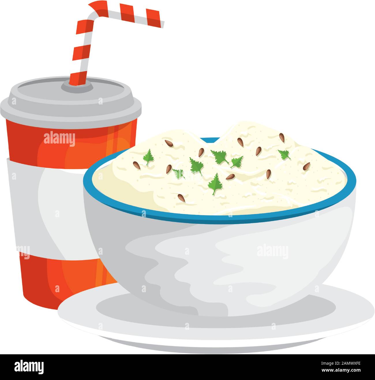 delicious soda with dish of rice fast food icon Stock Vector Image ...