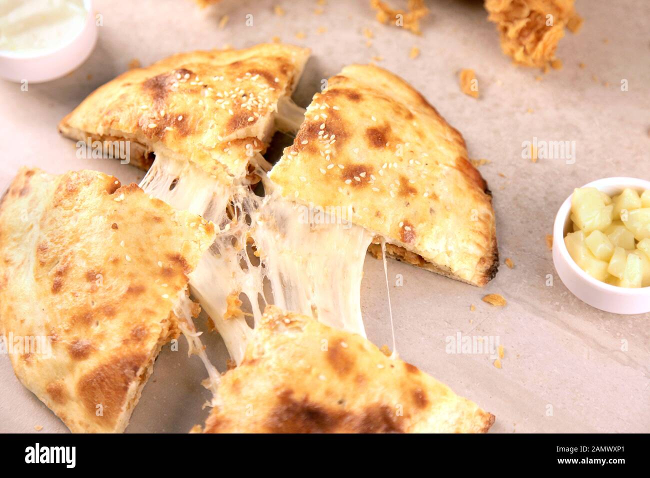 Crispy Fried Chicken Stuffed Naan with Mozzarella Cheese Stock Photo ...