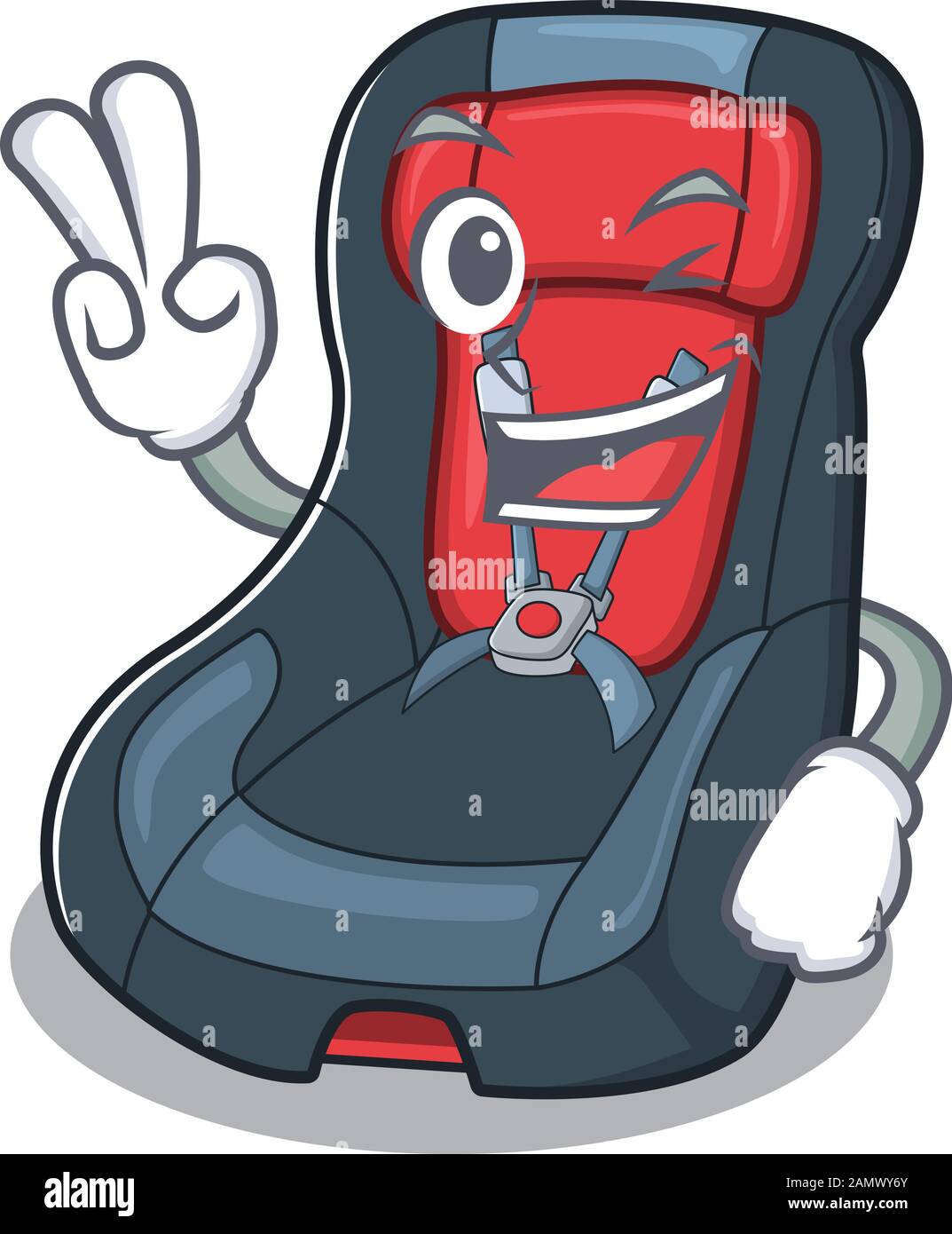 Smiley mascot of baby car seat cartoon Character with two fingers Stock ...