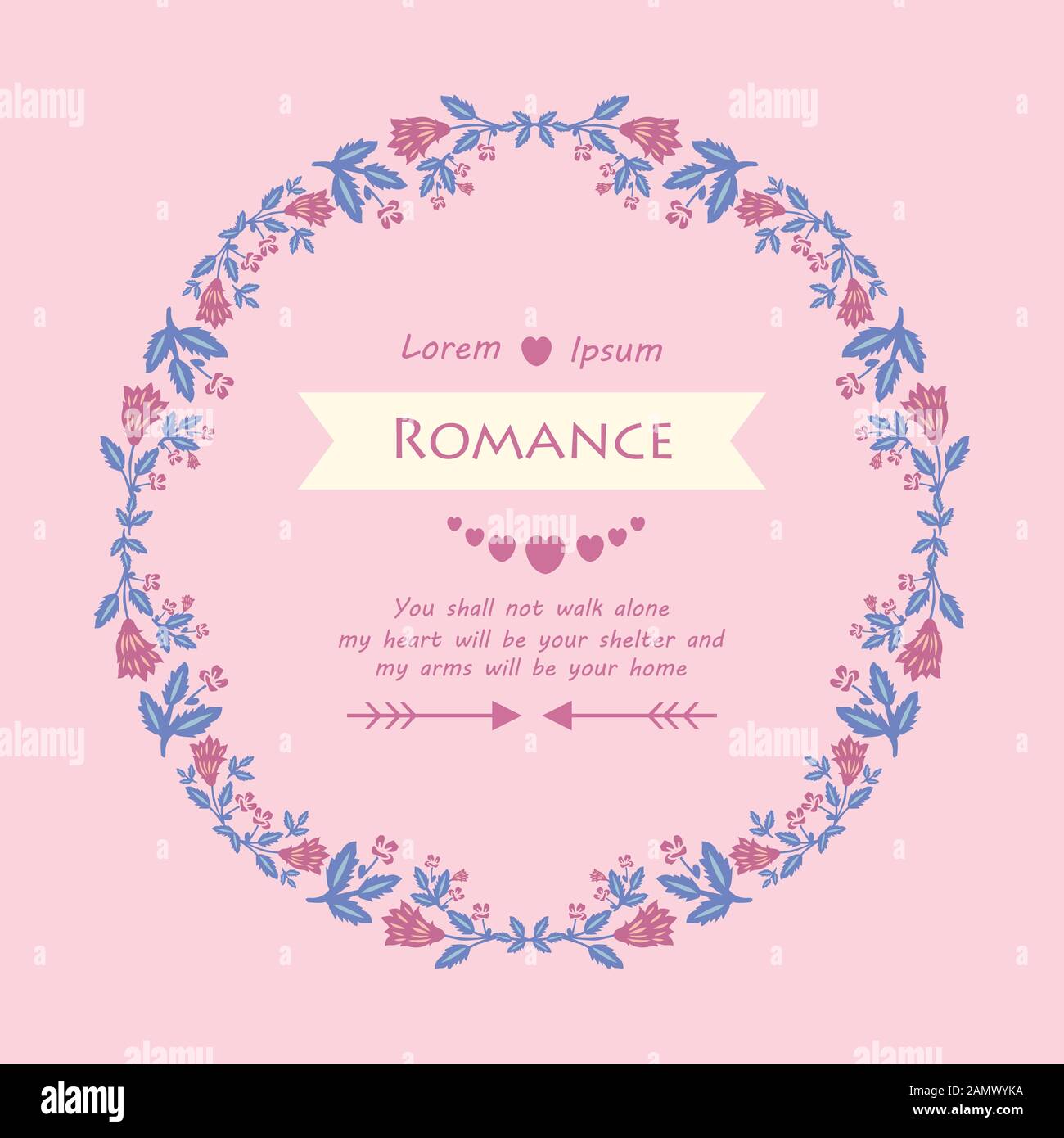 Simple pattern of romance greeting card, with leaf and pink wreath ...