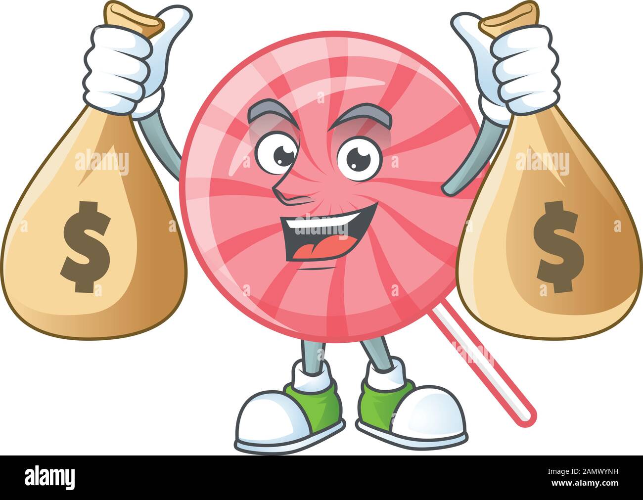 A picture of rich pink round lollipop cartoon character with two money ...