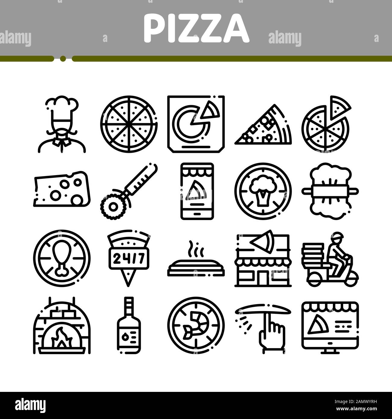 Pizza Delicious Food Collection Icons Set Vector Stock Vector Image ...