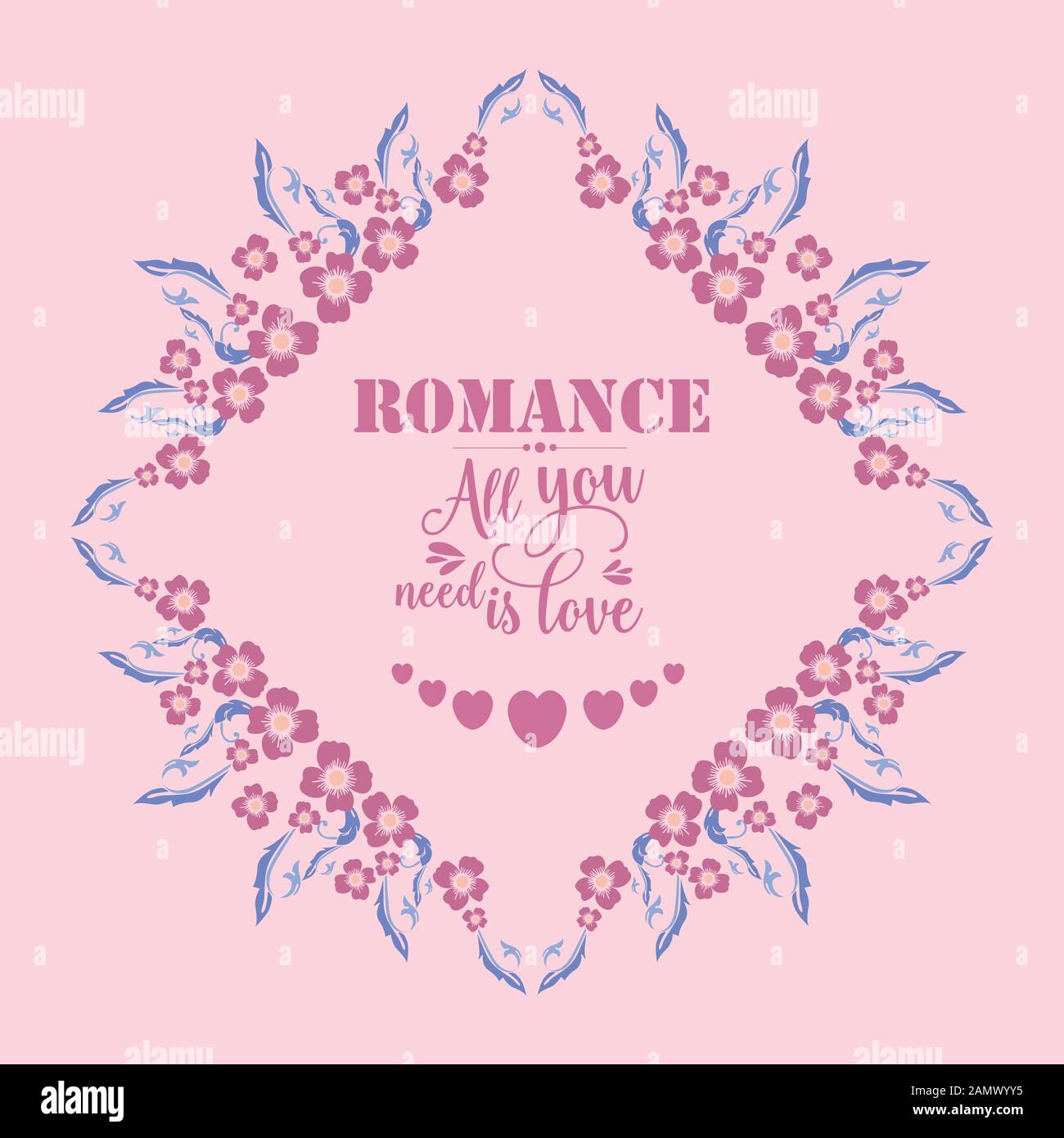 Romance greeting card design, with cute and seamless pink floral frame ...