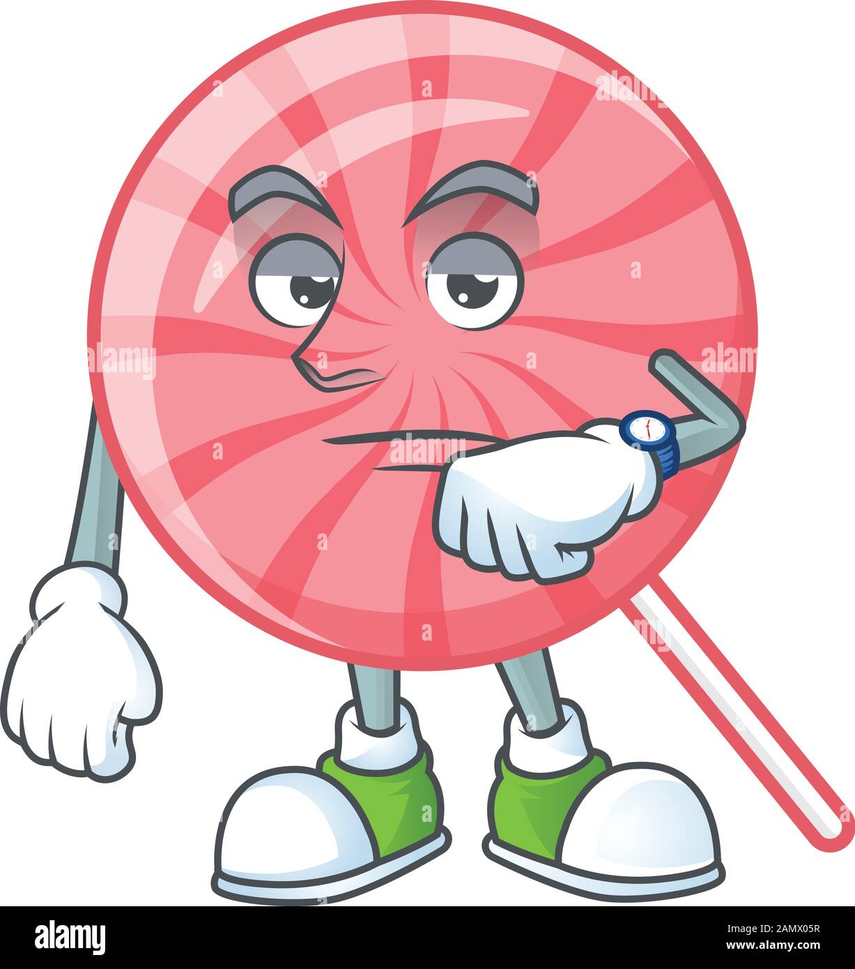 cartoon character design of pink round lollipop on a waiting gesture ...
