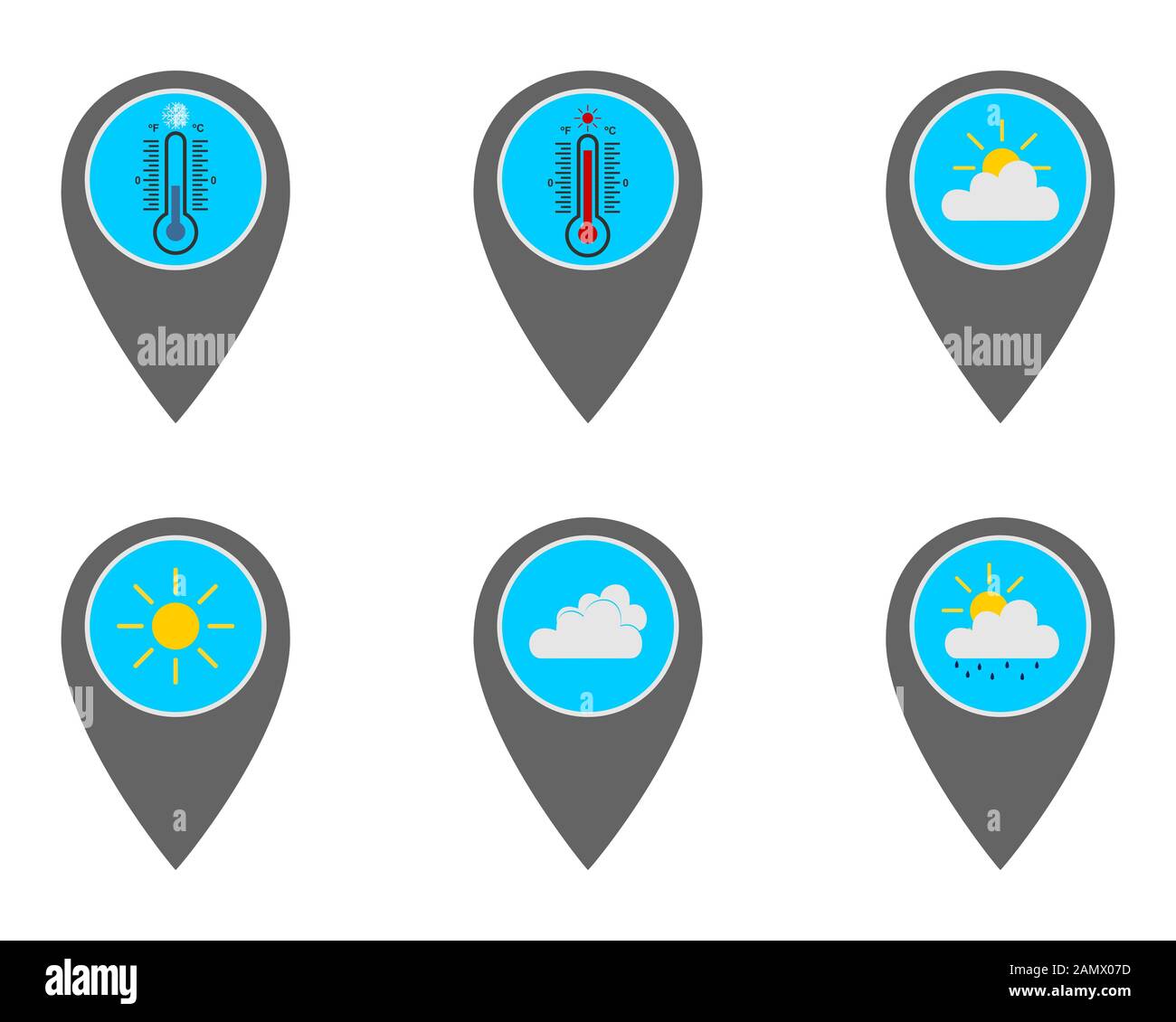 Location pins with weather symbols Stock Photo - Alamy