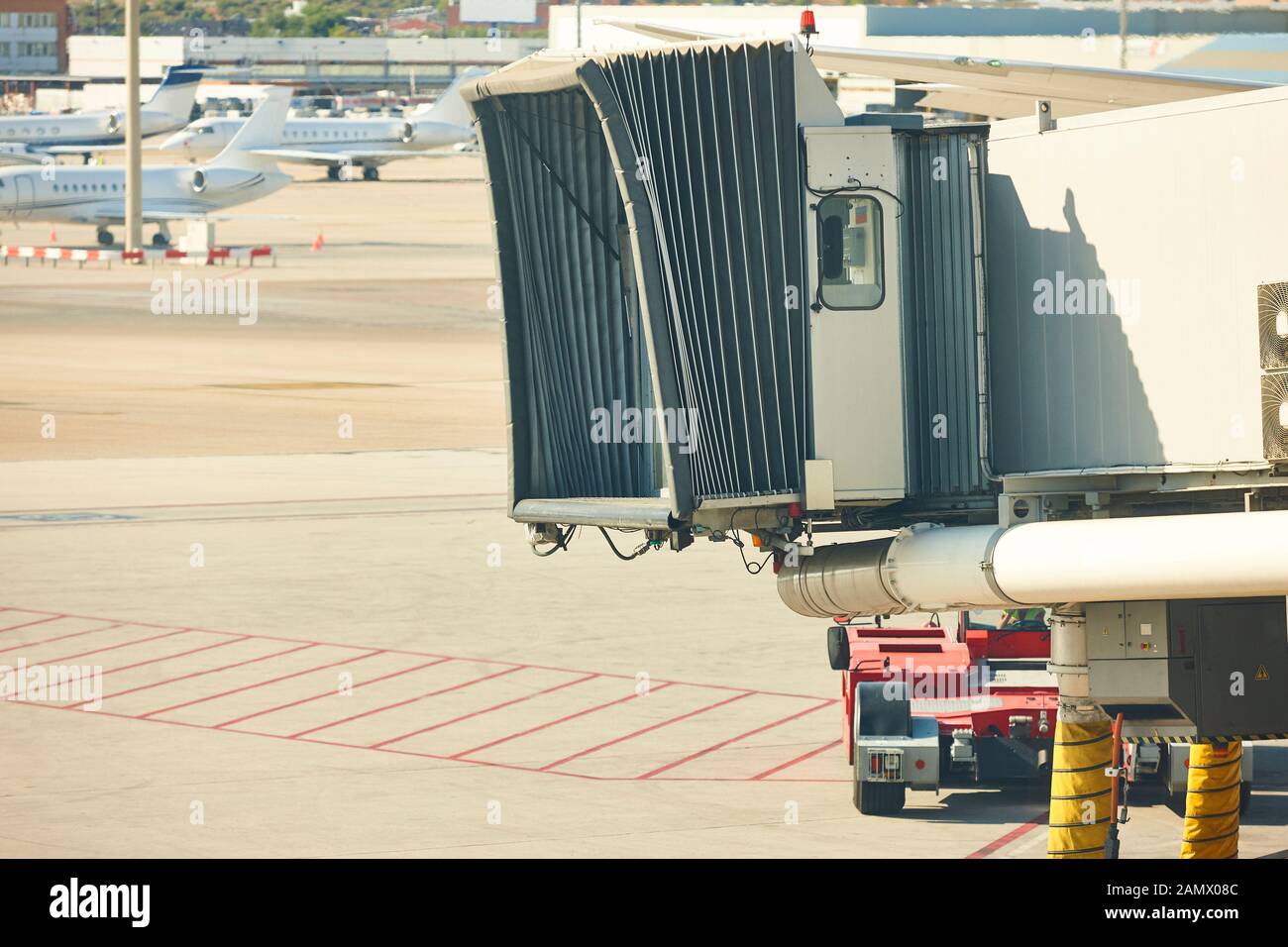 Airport runway finger terminal. Flight transportation departure ...