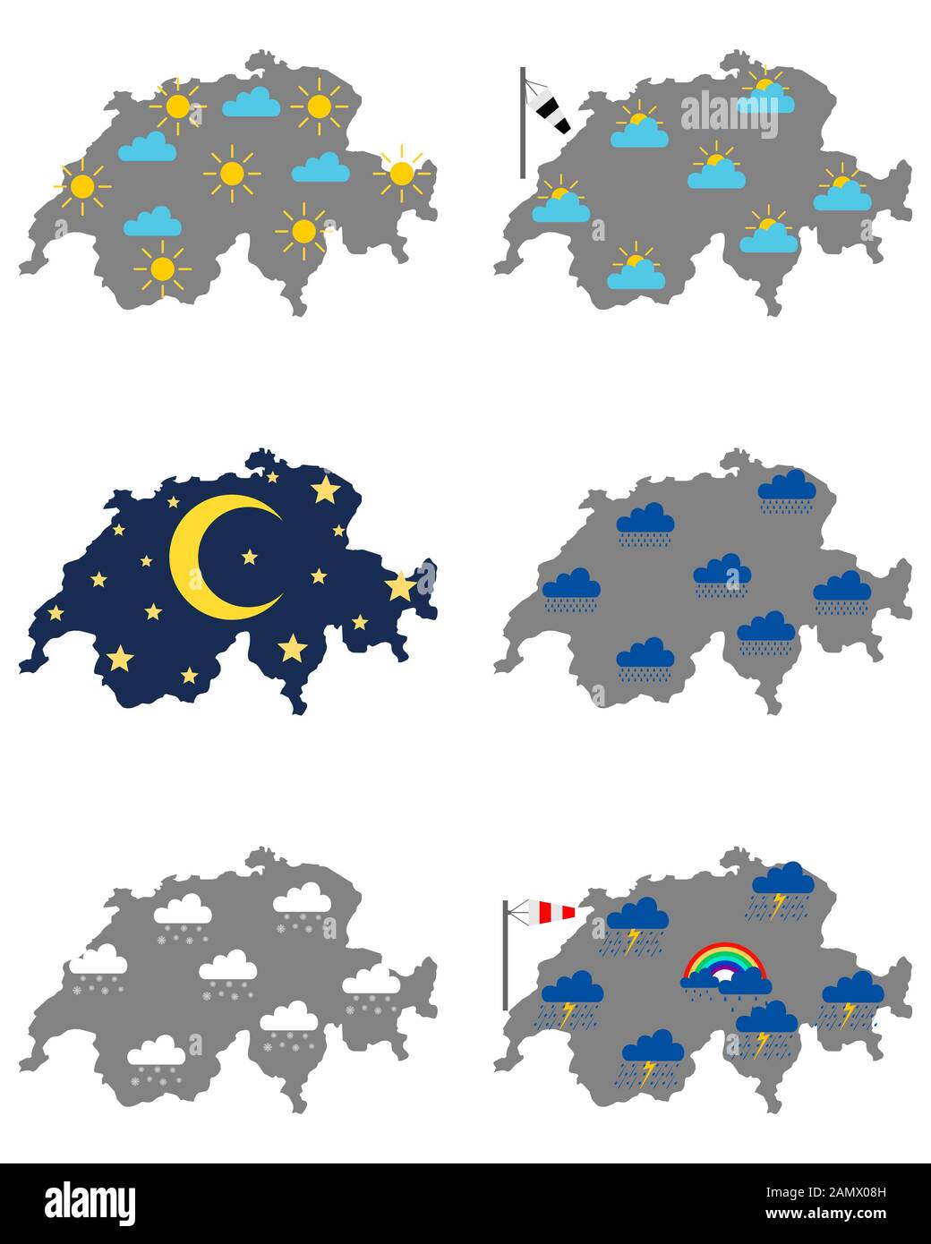 Maps of Switzerland with various weather symbols Stock Photo - Alamy