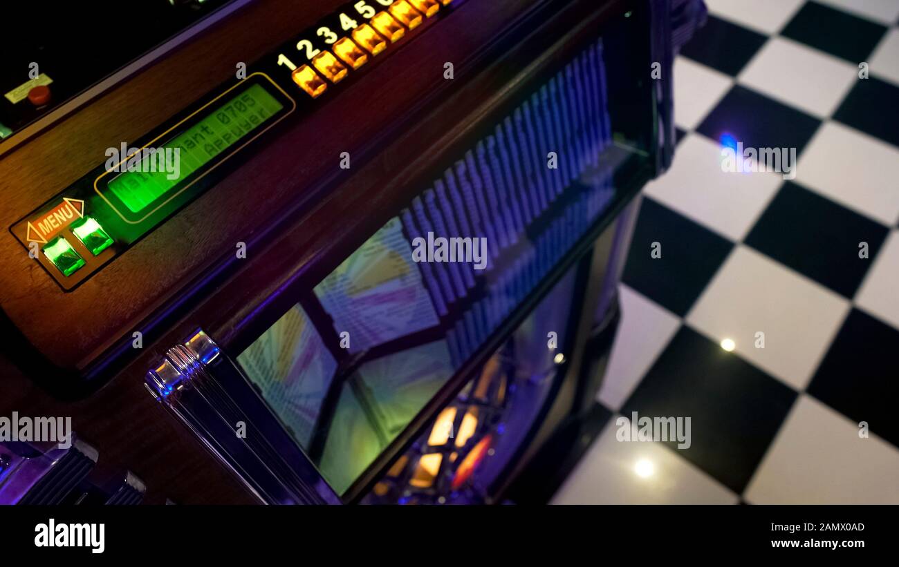 Antique music playing device in retro style cafe, vintage jukebox, old ...
