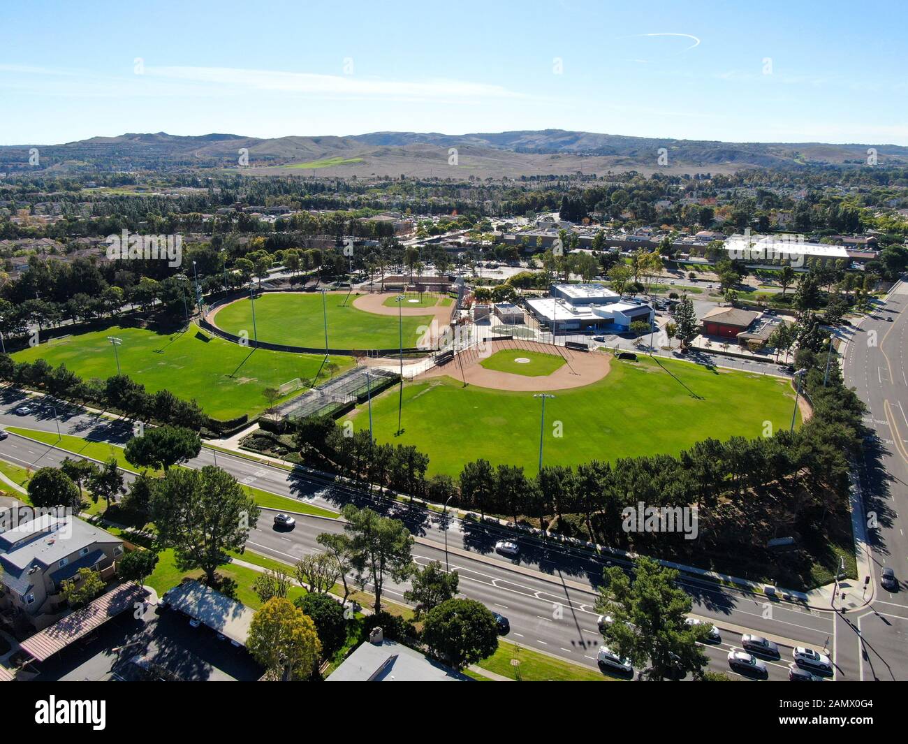 Aerial top view of Community park baseball sports field. Irvine, San ...