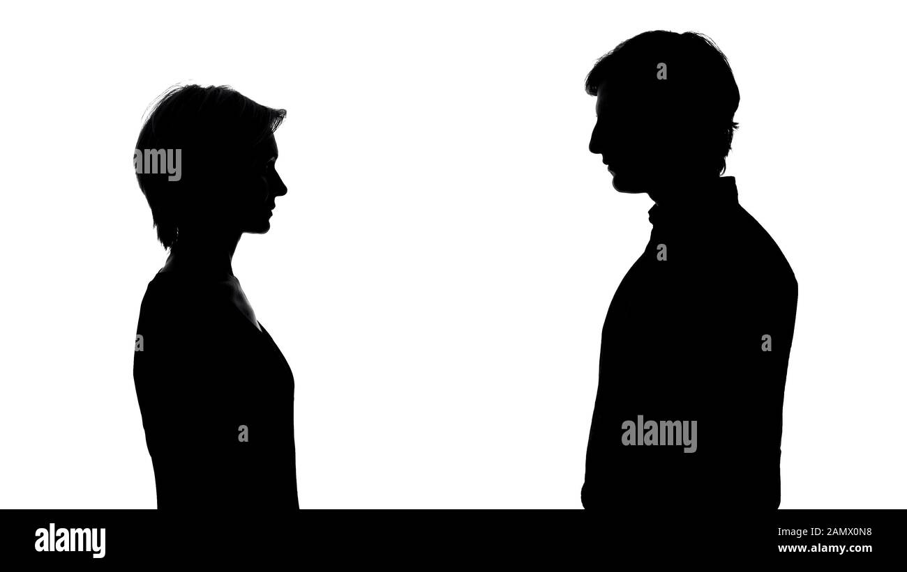 Silhouette of man and woman stand opposite, equal rights, social ...