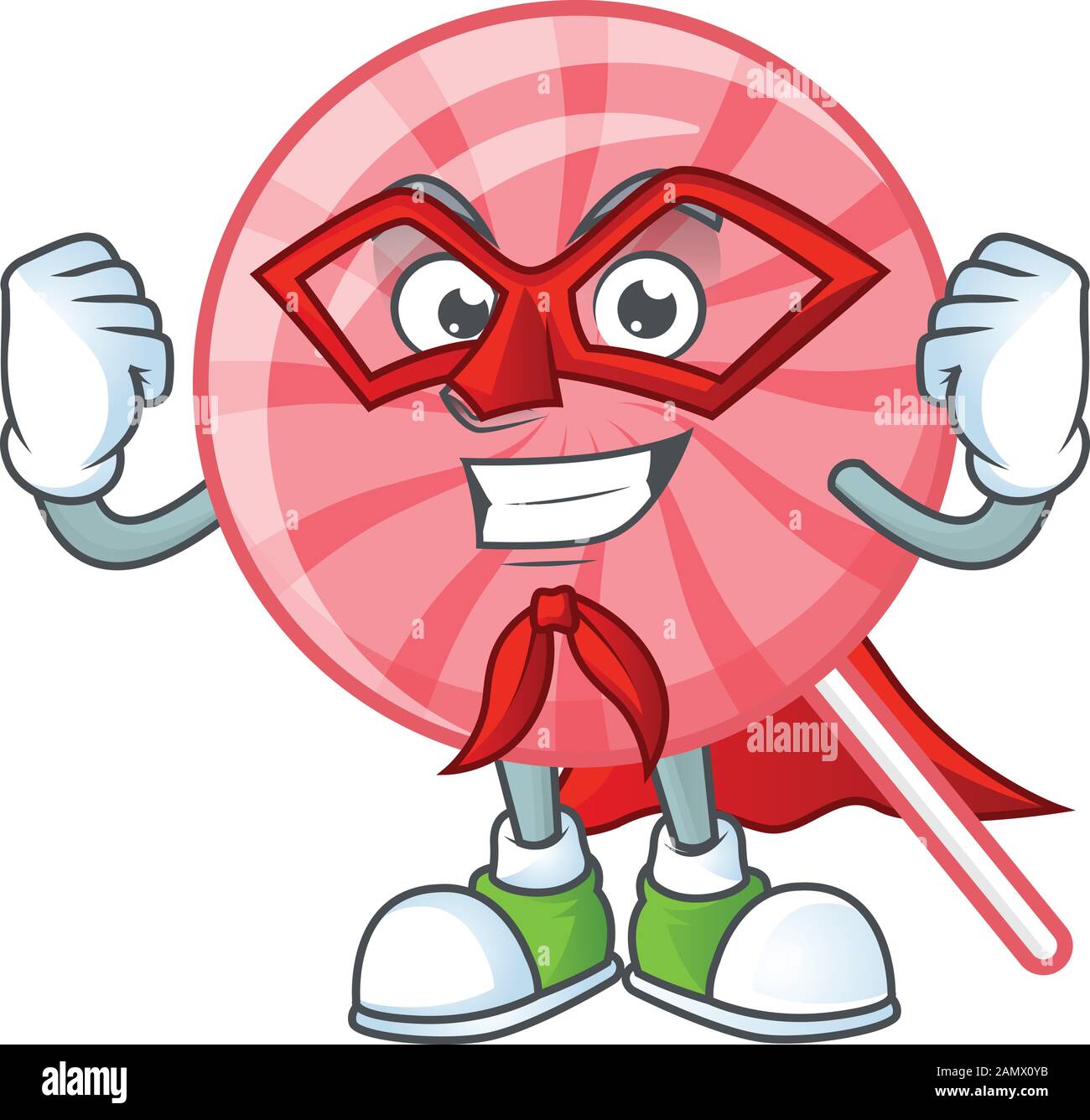 Smiley mascot of pink round lollipop dressed as a Super hero Stock ...