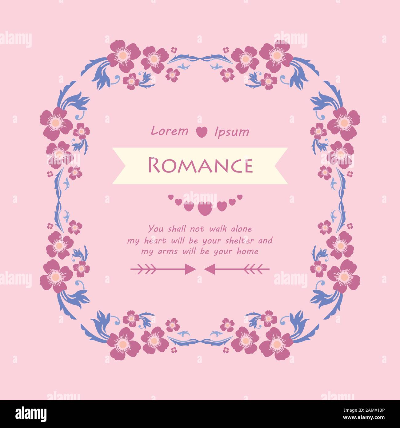 Romance Card template, with elegant leaf and floral frame decor. Vector ...