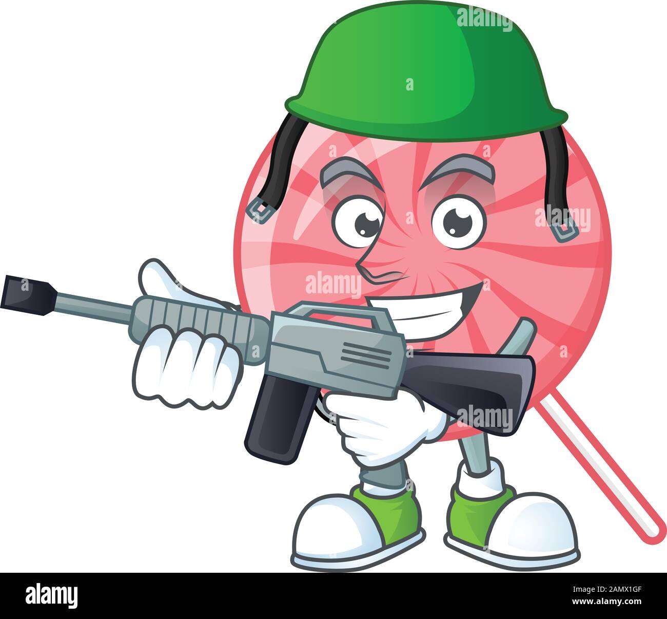 Pink round lollipop carton character in an Army uniform with machine ...