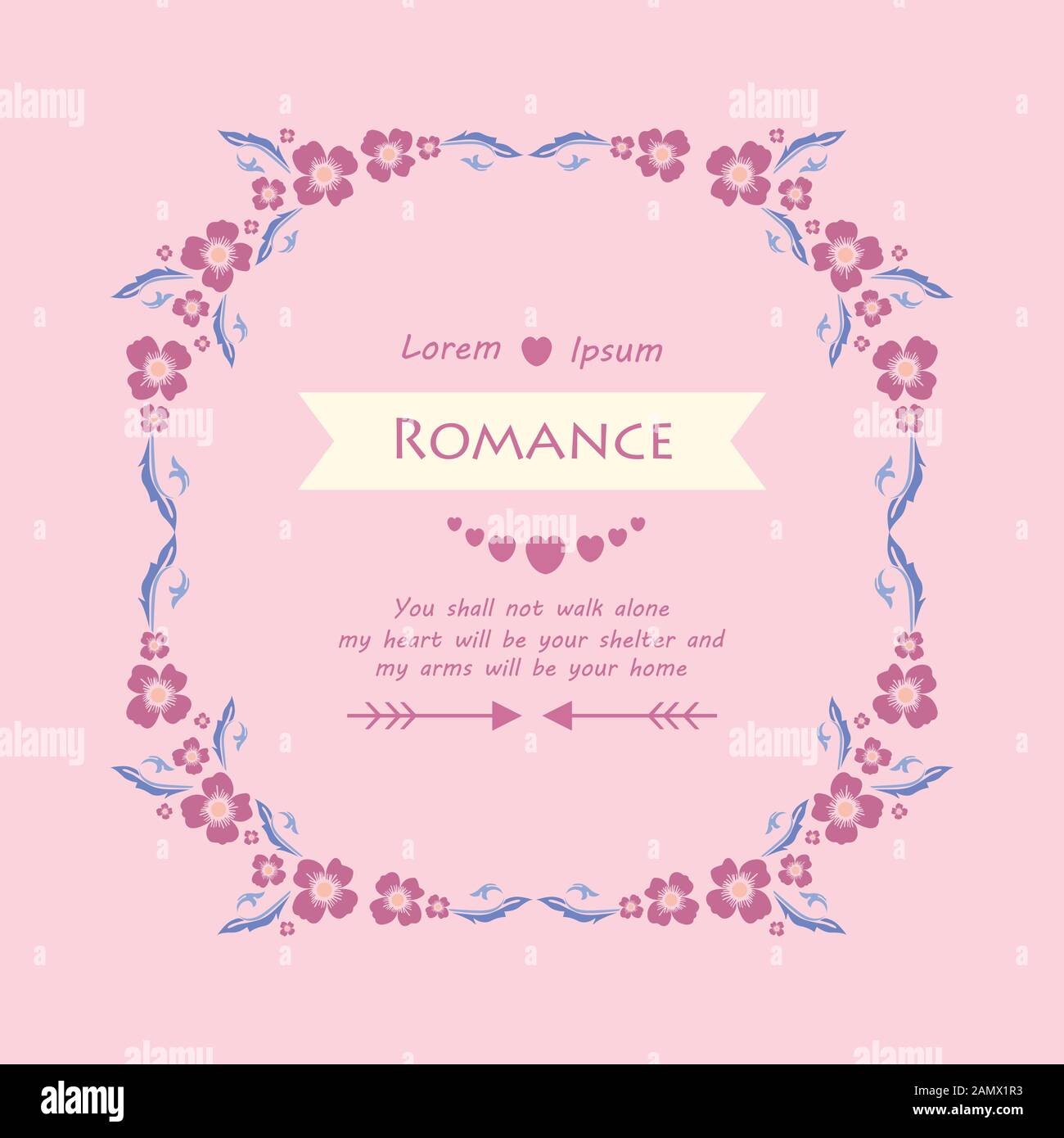 Romance greeting card design, with cute and seamless pink floral frame ...