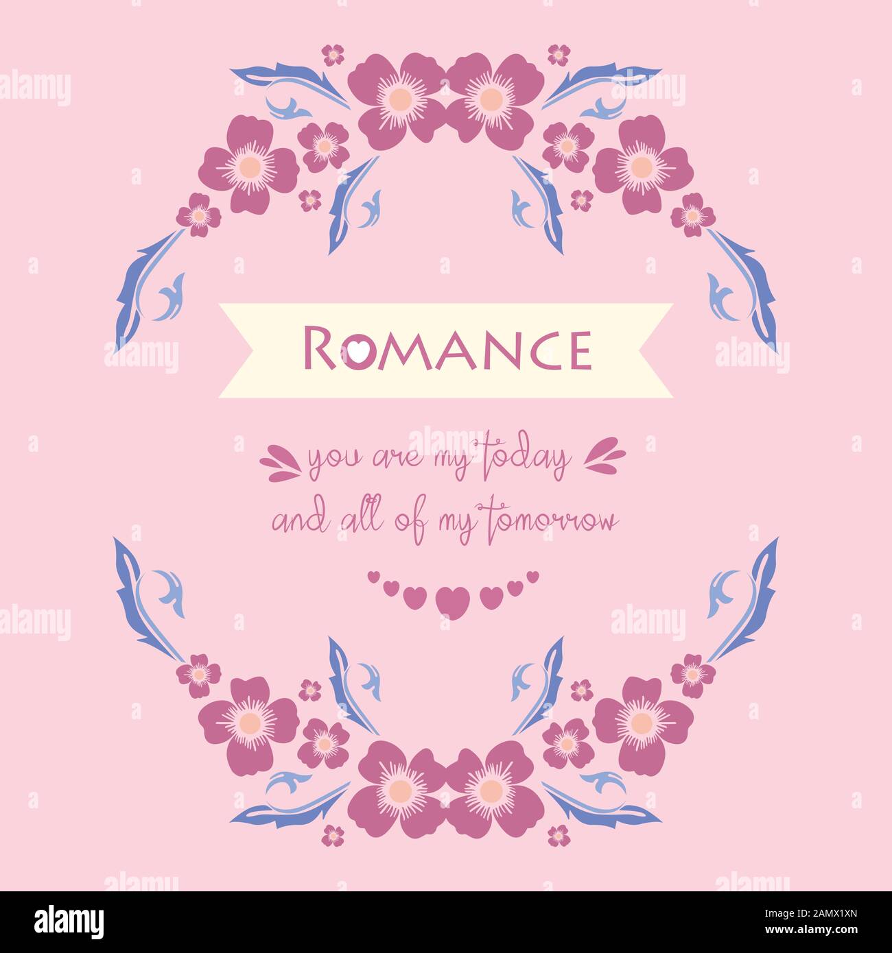 Romance greeting card design, with cute and seamless pink floral frame ...