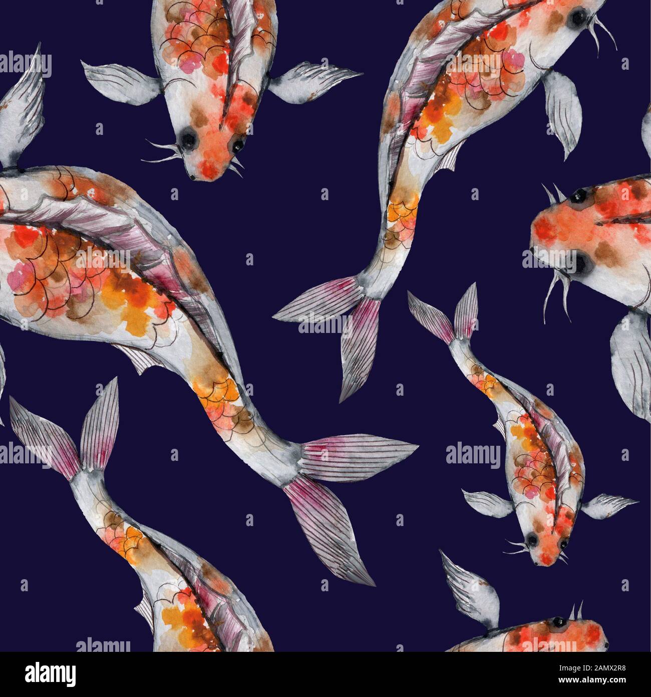 Watercolor rainbow carp pattern. Seamless oriental texture with ...