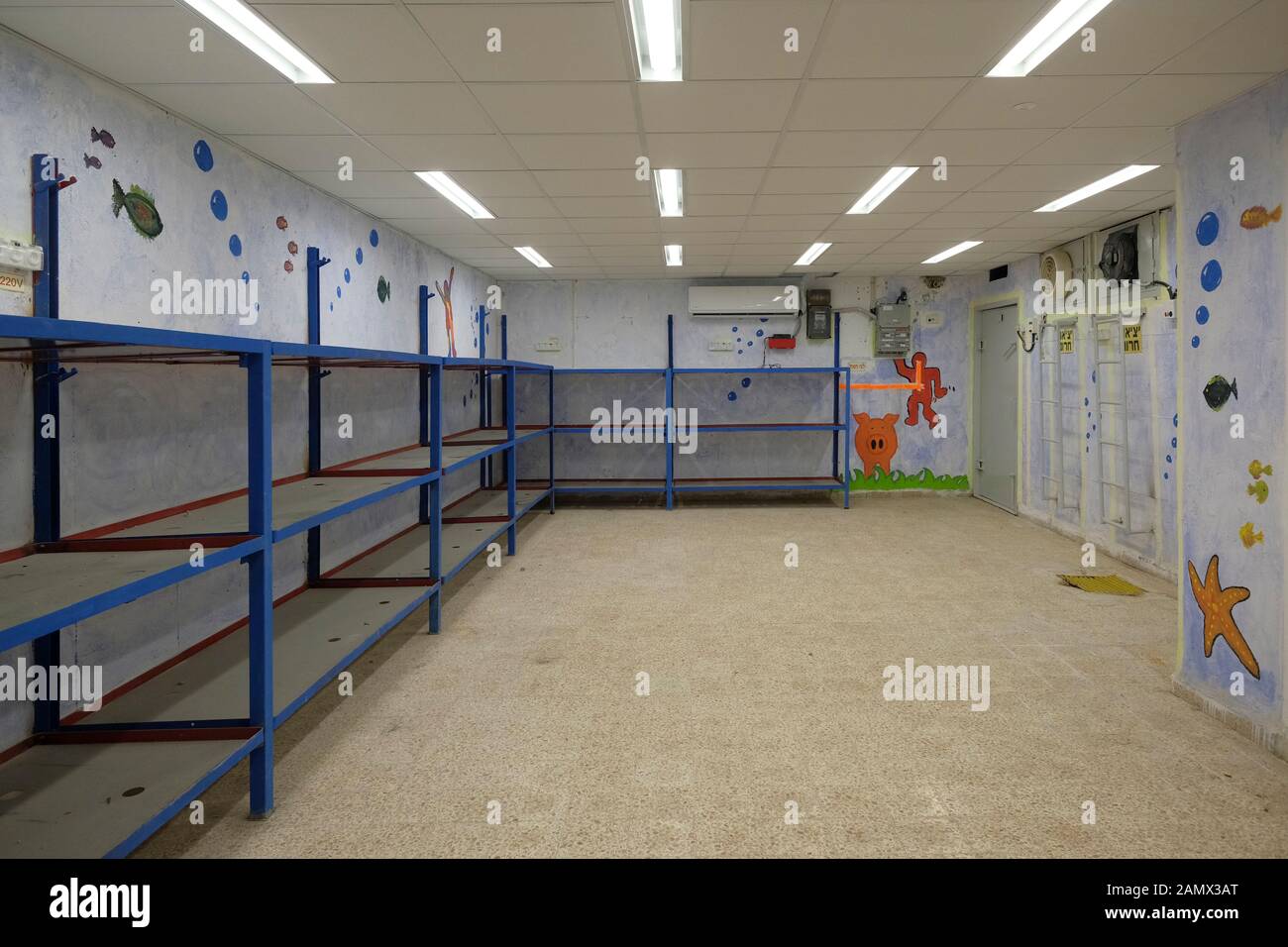 Interior of a public bomb shelter in the town of Shlomi in Upper ...