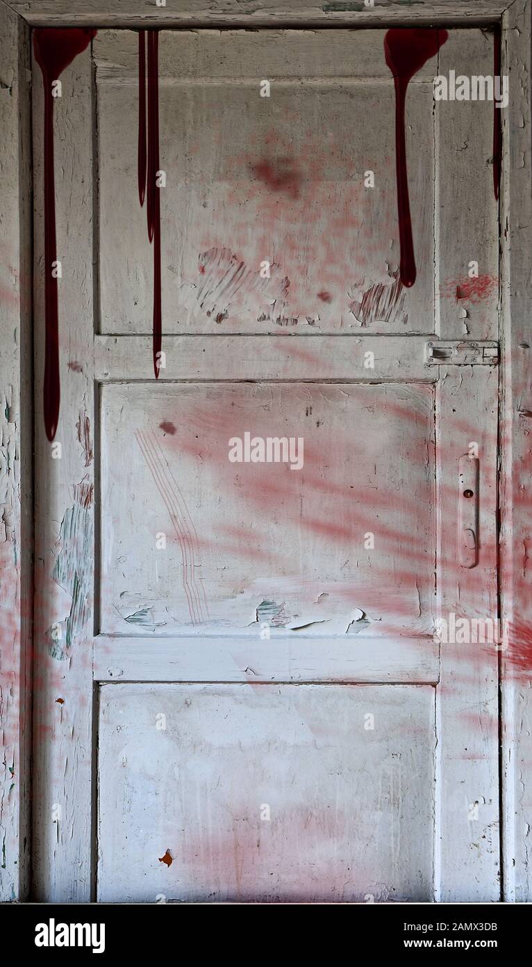 white wooden door stained with blood Stock Photo - Alamy