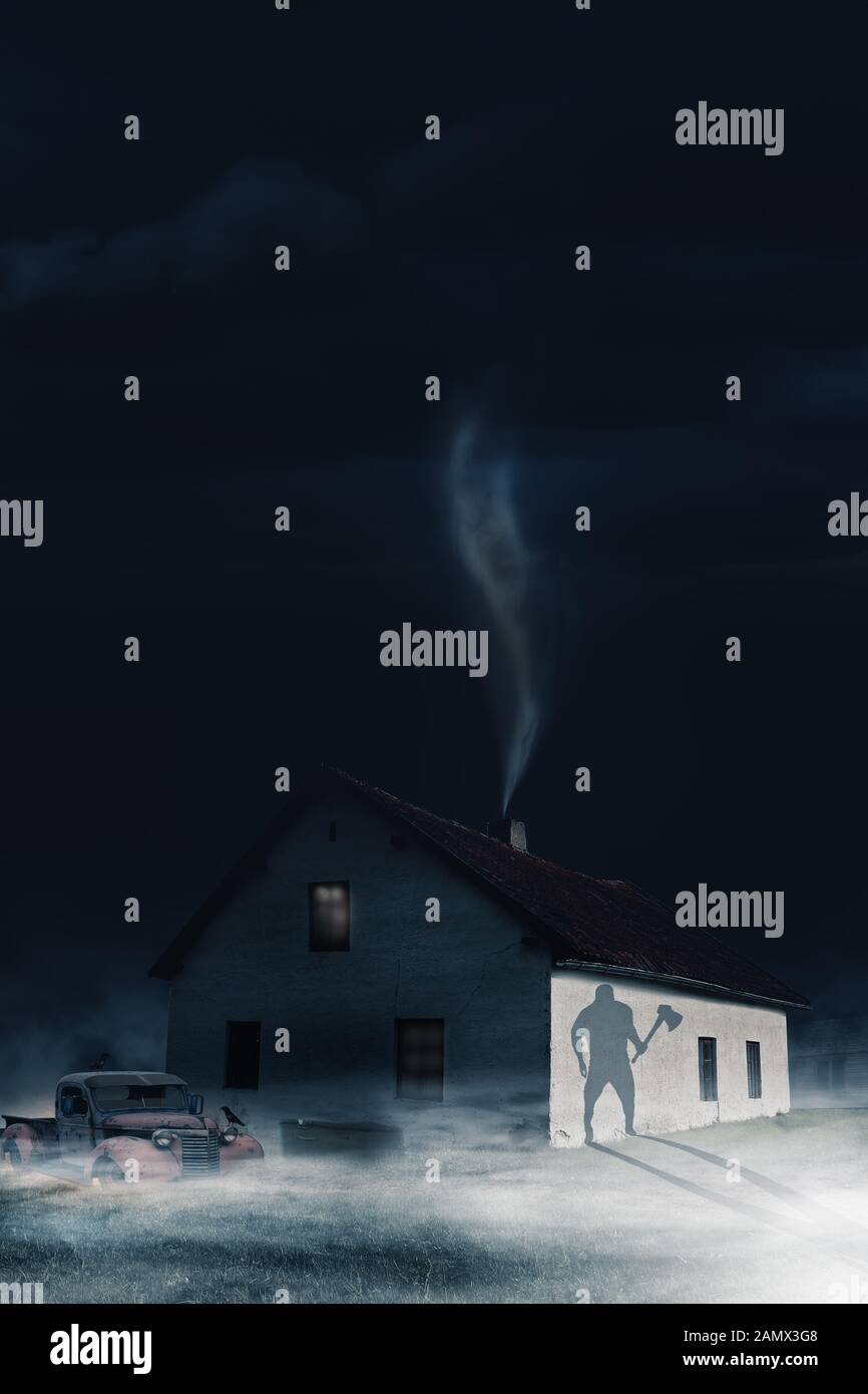 shadow of a murderer with an ax on the background of the house at night ...